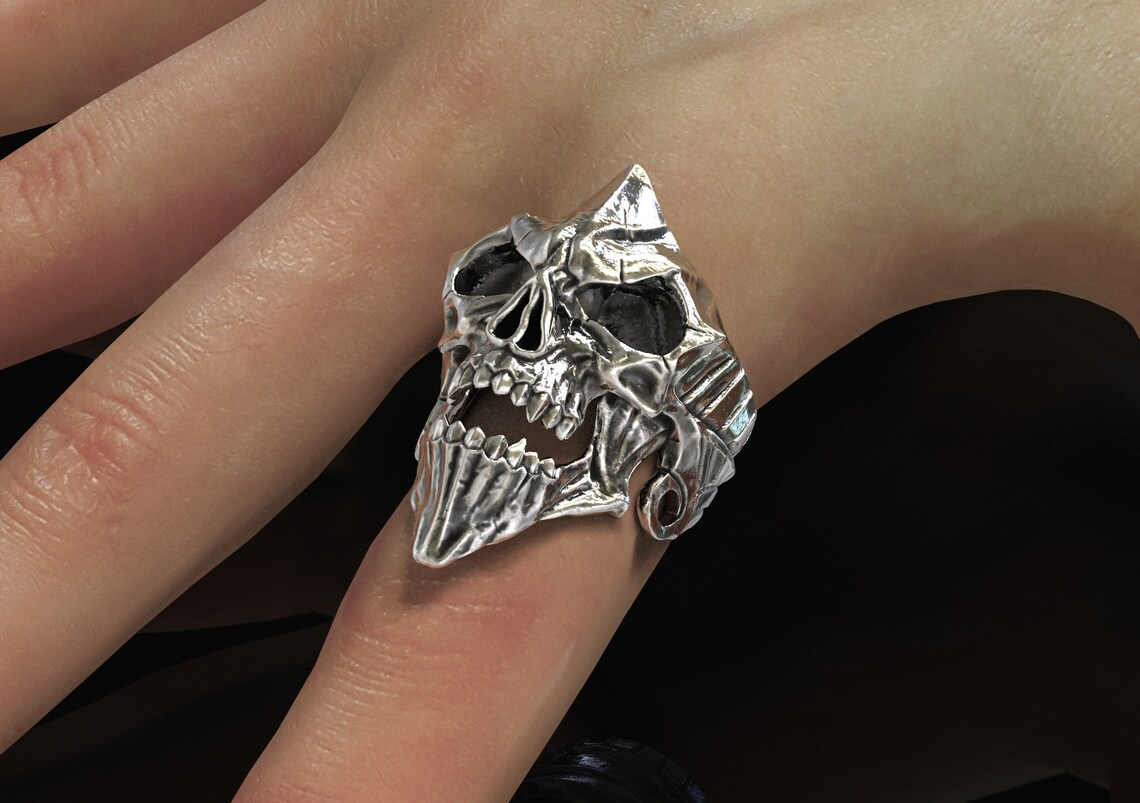Devil Skull Sterling Silver Ring Silver Skull Biker Men Ring | Etsy