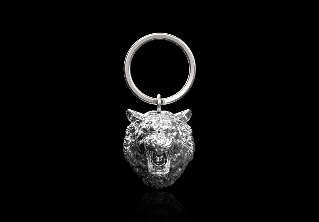 Sterling Silver Roaring Tiger Keychain, Tiger Keyring, Tiger Key Chain ...