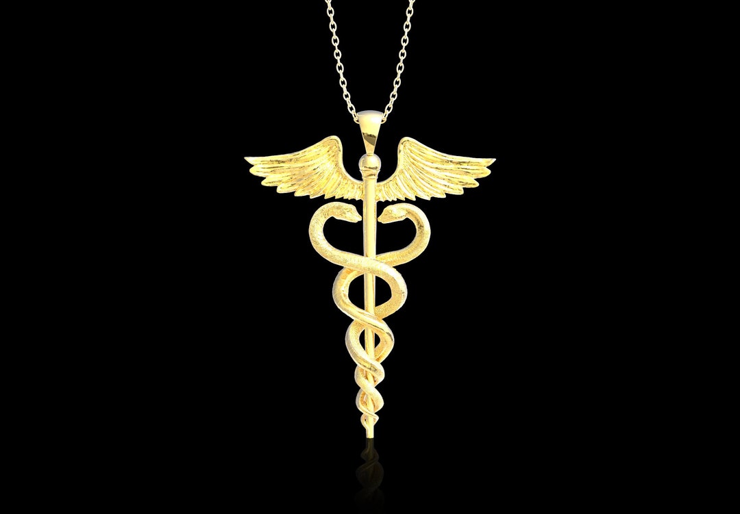 18K Gold Plated Caduceus Medicine Symbol Pendant, Medical Jewelry, Gift ...