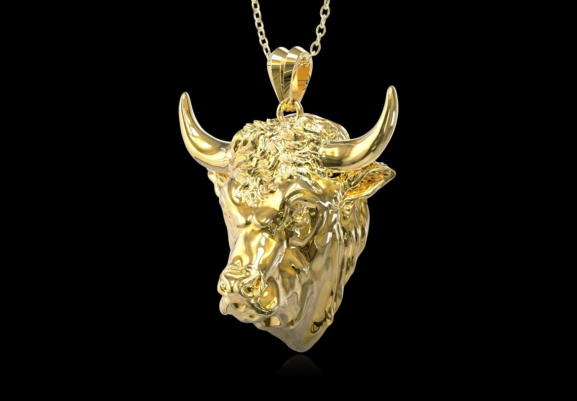 18K Gold Plated Bull Head Pendant, Angry Bull Necklace, Men Bull ...