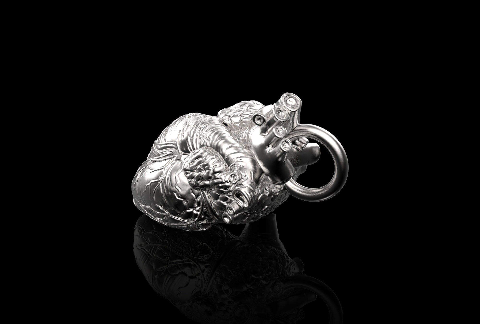 Steling Silver Human Heart Solid Pendant Necklace, Anatomical Heart ...