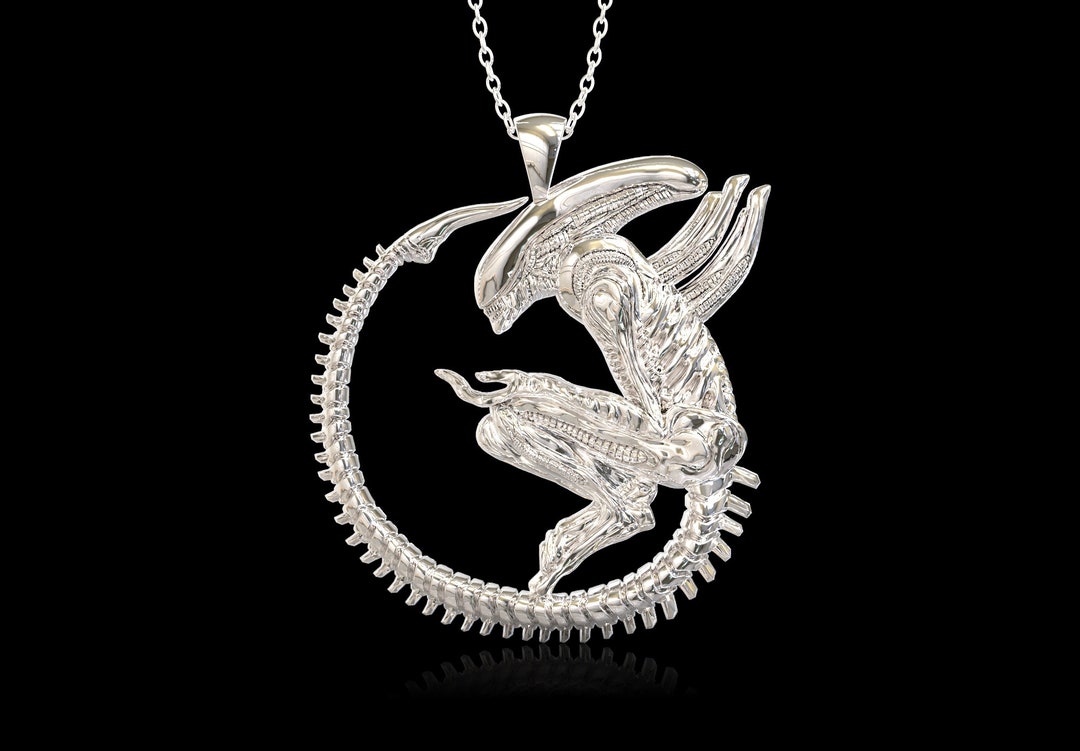 High Gloss Sterling Silver Alien Xenomorph Pendant, H.R. Giger Inspired ...