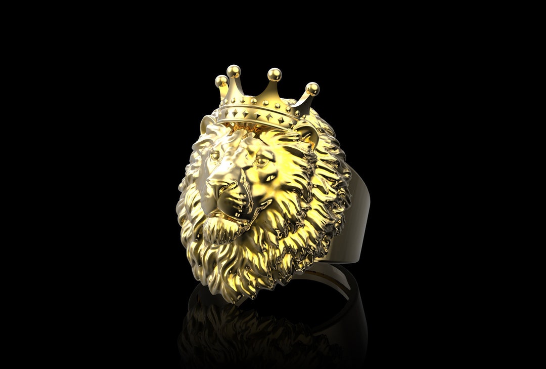 Yellow Gold Plated Crown Lion Calm Ring, Serene Lion Ring, Lion King ...