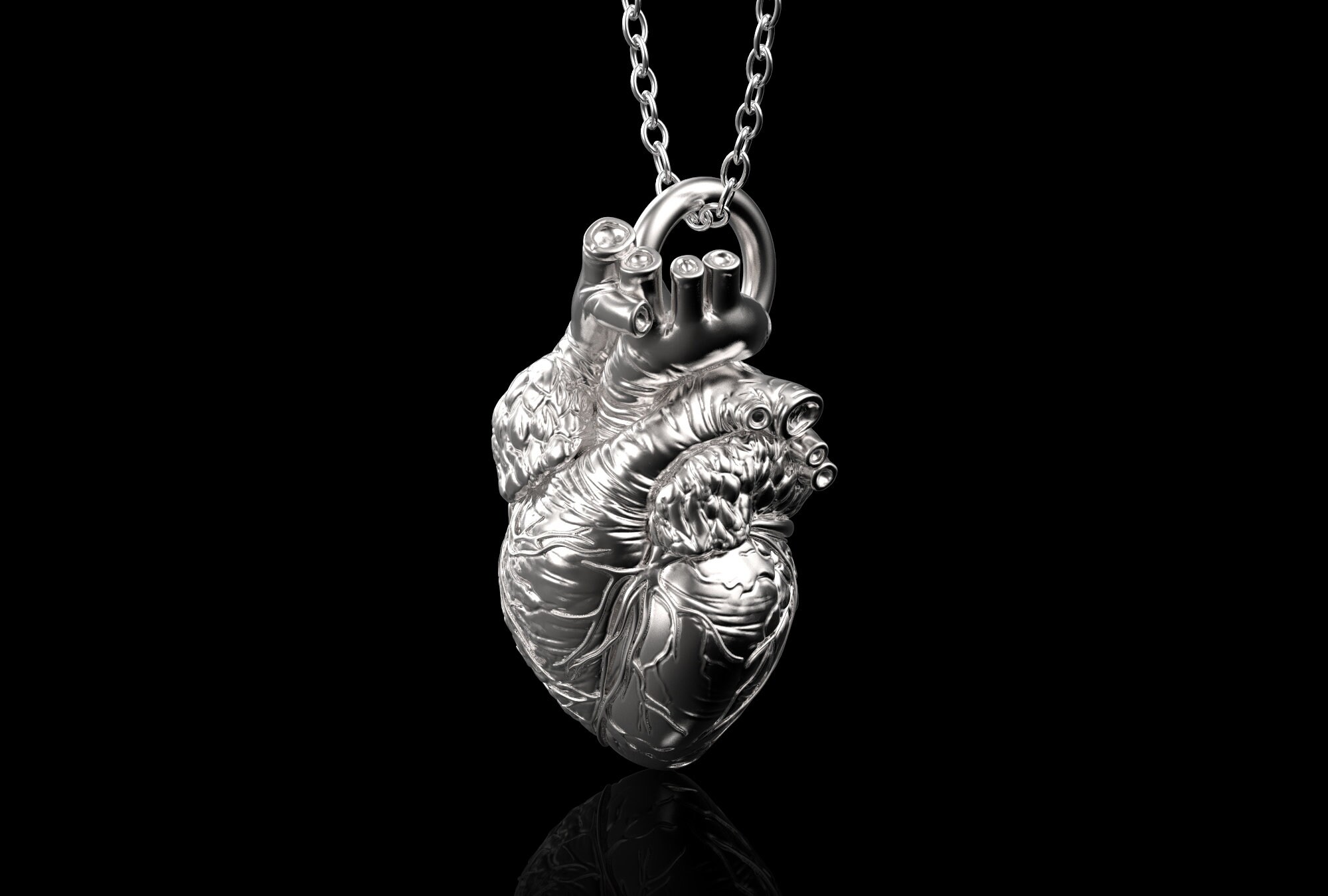Steling Silver Human Heart Solid Pendant Necklace, Anatomical Heart ...