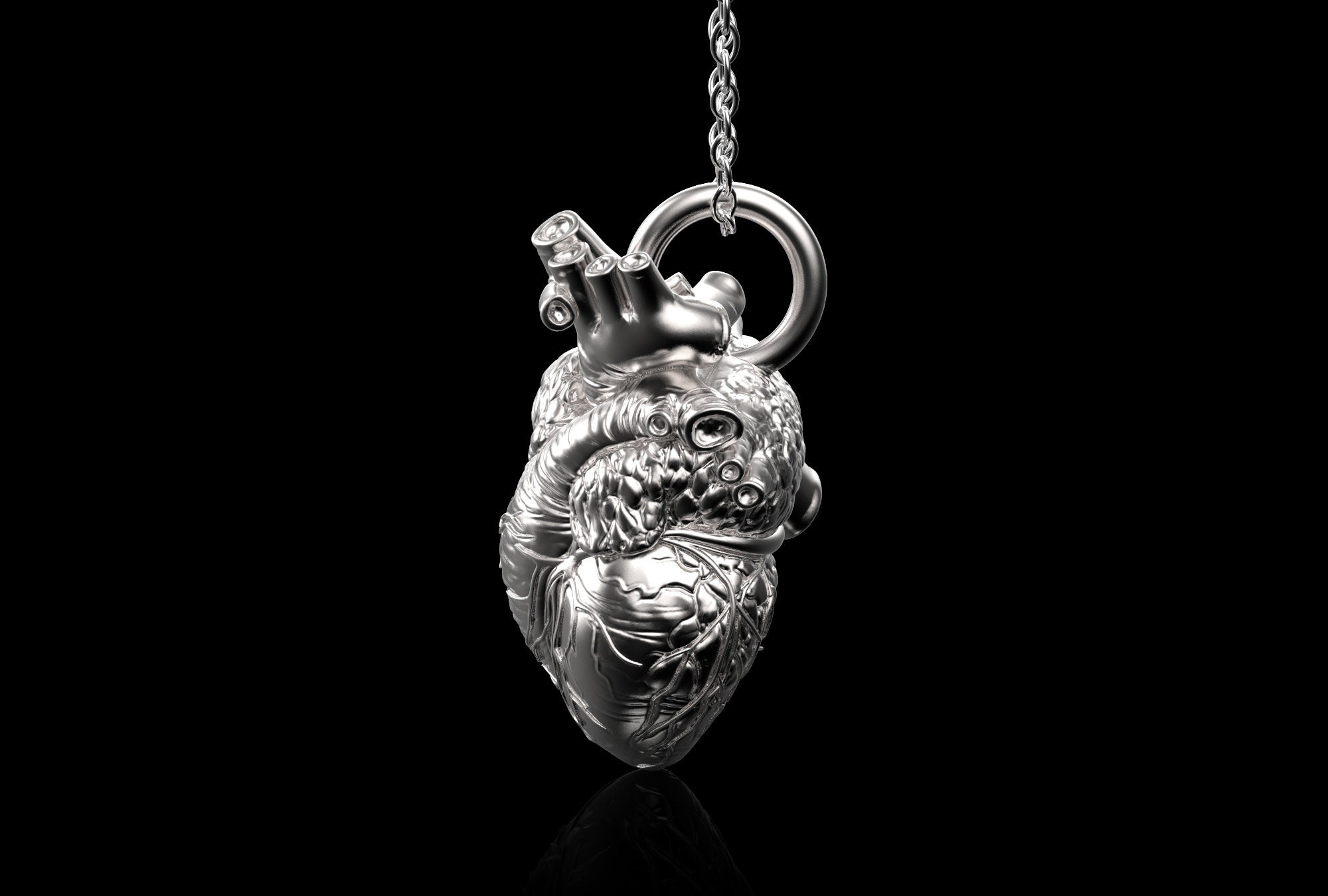 Steling Silver Human Heart Solid Pendant Necklace, Anatomical Heart ...