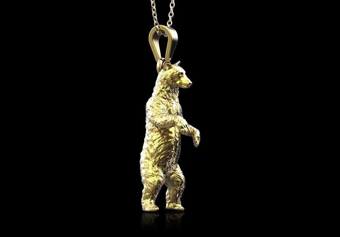 18K Gold Plated Big Brown Standing Bear Solid Pendant, Grizzly Bear ...