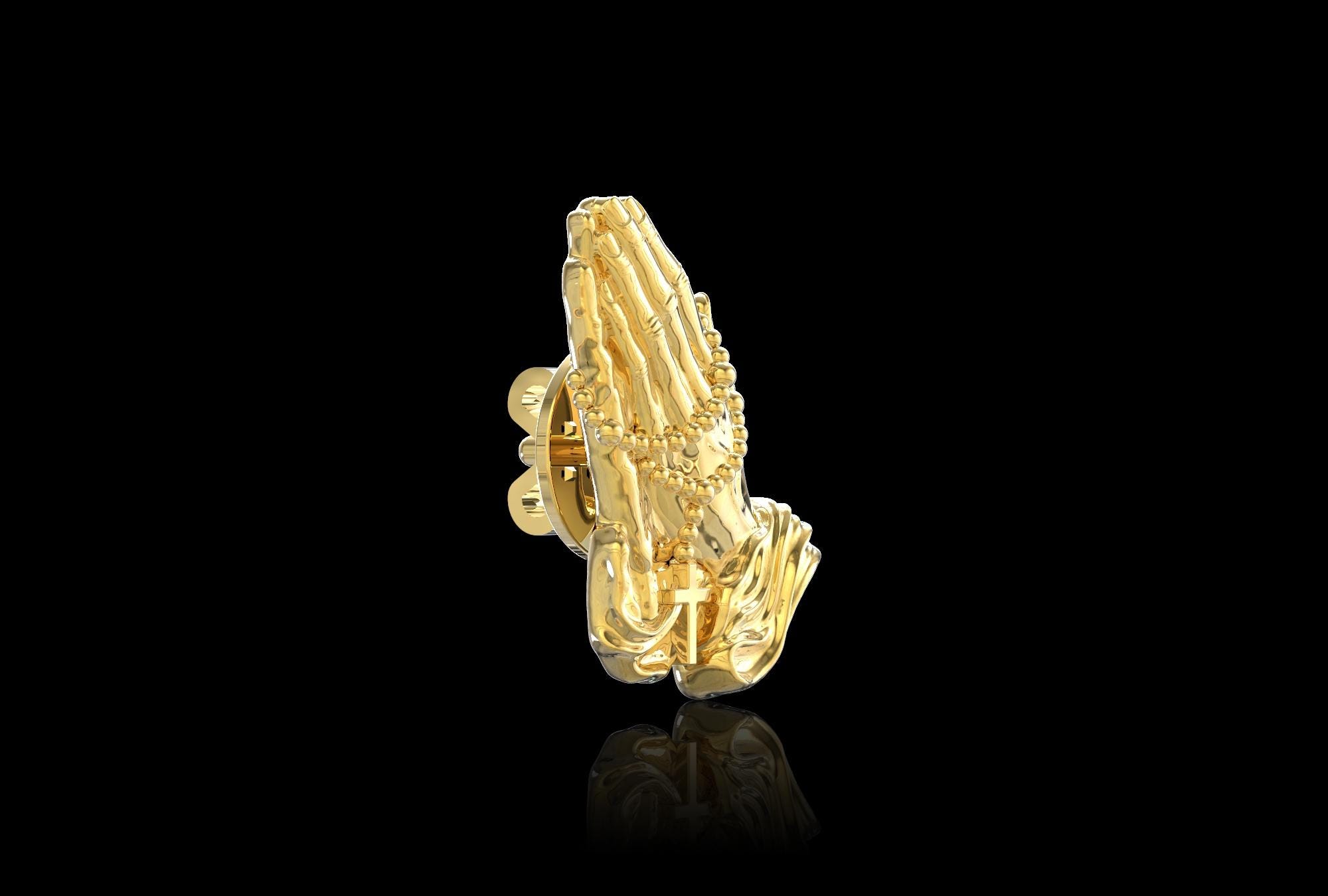 18K Gold Plated Praying Hands With Rosary Lapel Pins, Protection Brooch ...