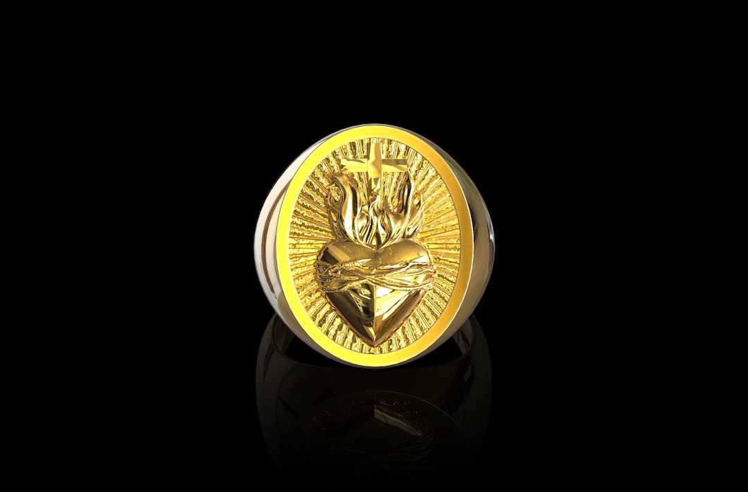 18K Yellow Gold Plated Flaming Sacred Heart of Jesus Solid Ring, Cross ...
