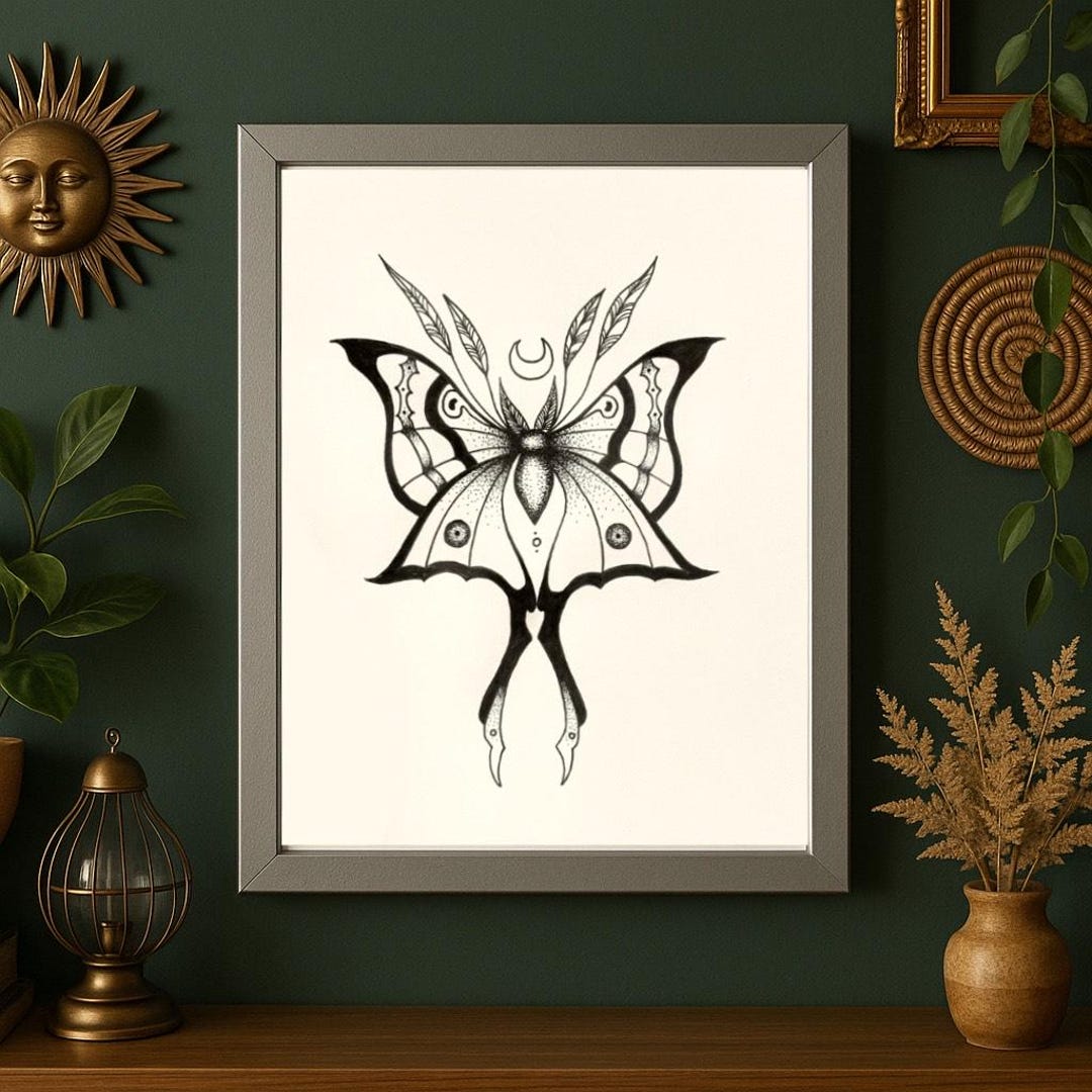 Framed Luna Moth Ink Drawing, Botanical Forest Decor - Etsy