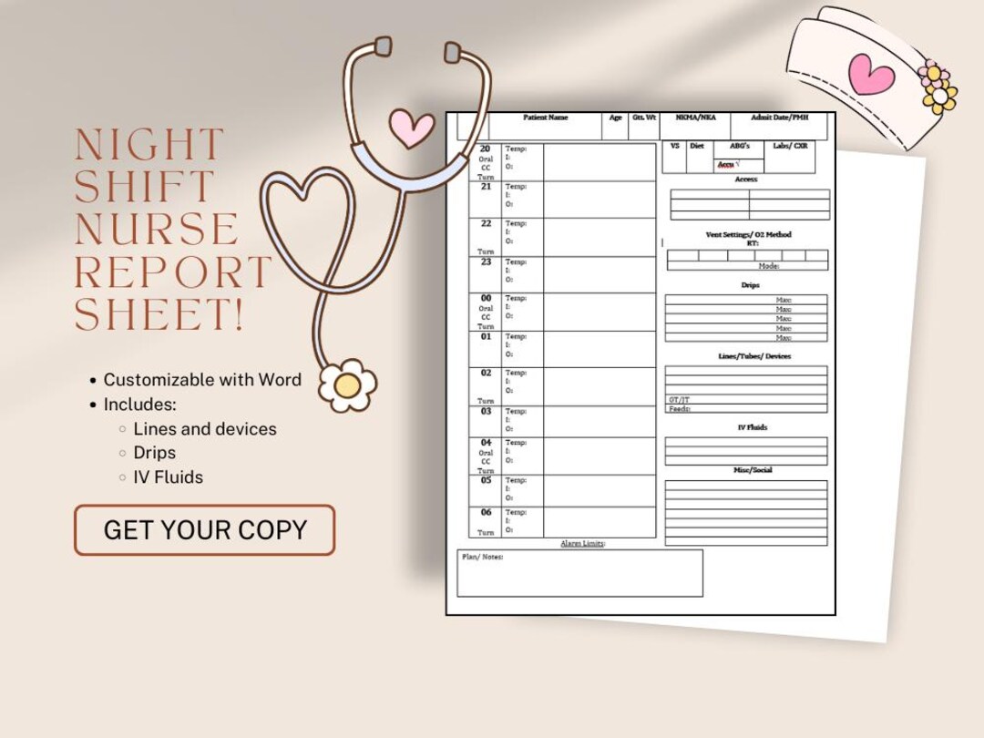 Nurse Report Sheet, Report Sheet, Nurse Report Template, Night Shift ...