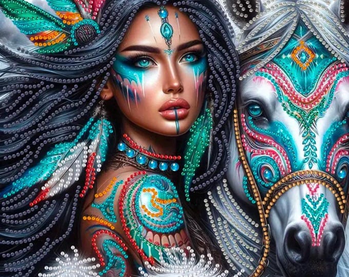 Native American Princess and Painted Horse Mosaic 5D DIY Diamond Art ...