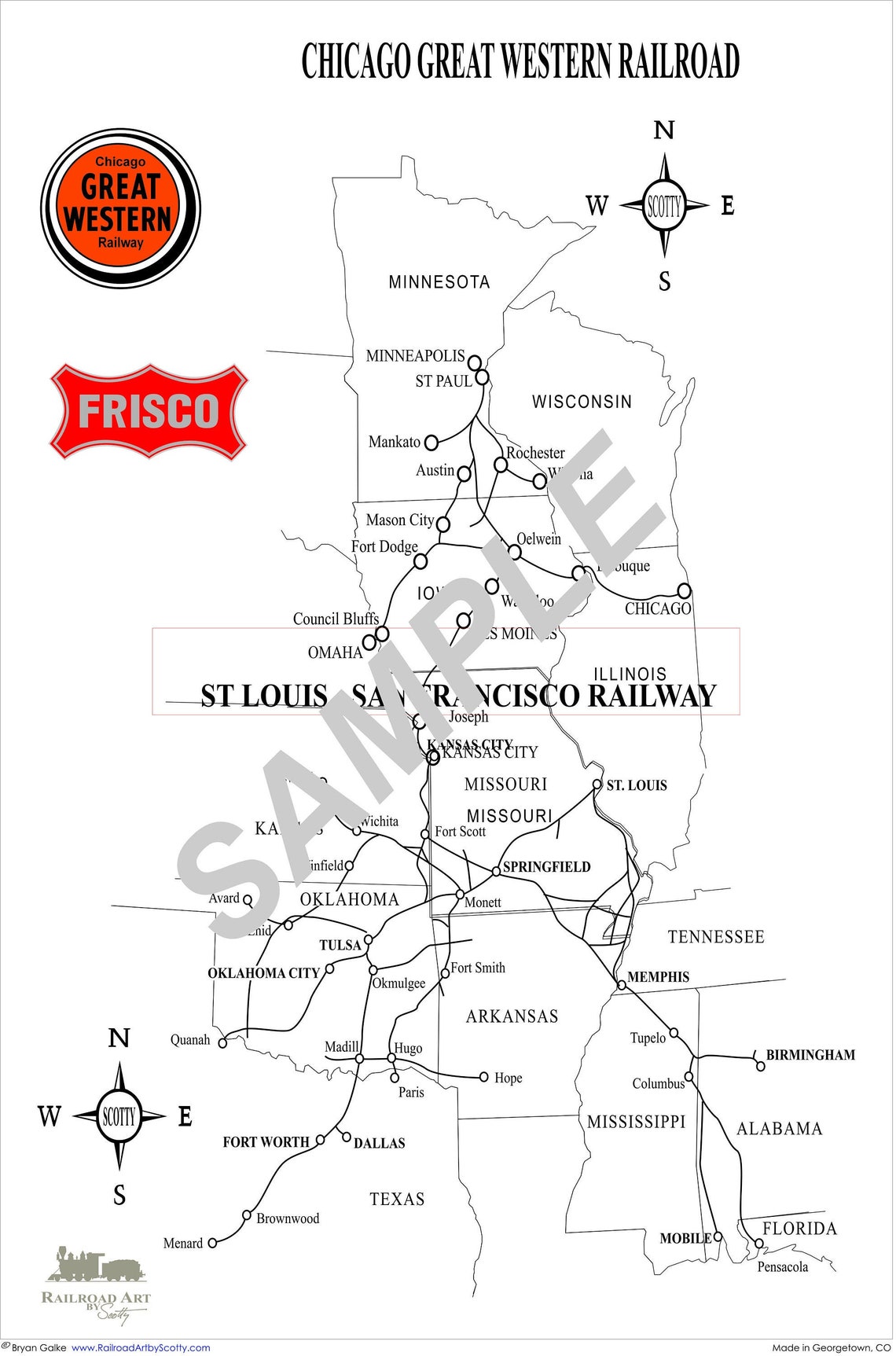 Chicago Great Western and Frisco Railroad Route Map | Etsy