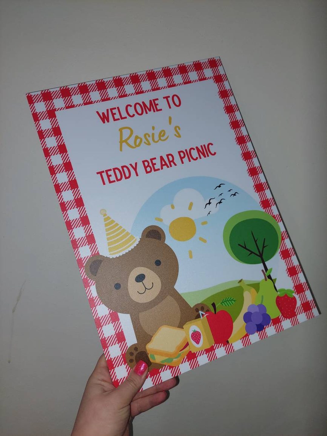 Red Teddy Bear Picnic Welcome Board Sign | Personalised Birthday Board ...
