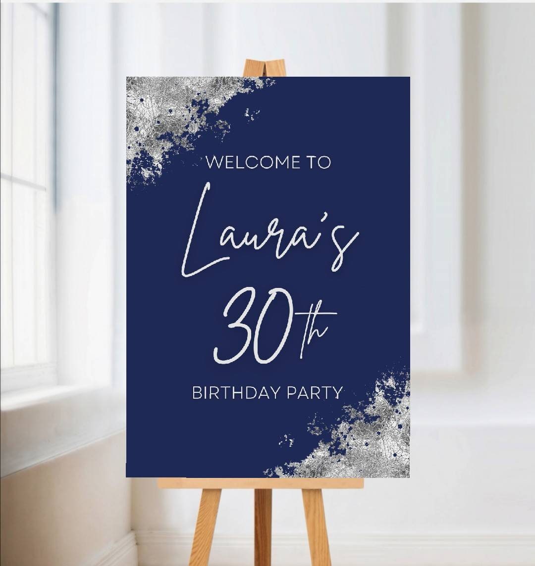 Navy Blue & Silver Welcome Board Sign | Personalised Birthday Board ...