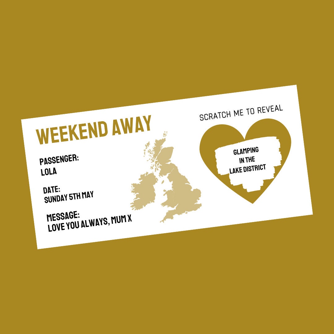 Gold Surprise Ticket Print | Personalised Weekend Away Scratch Reveal ...