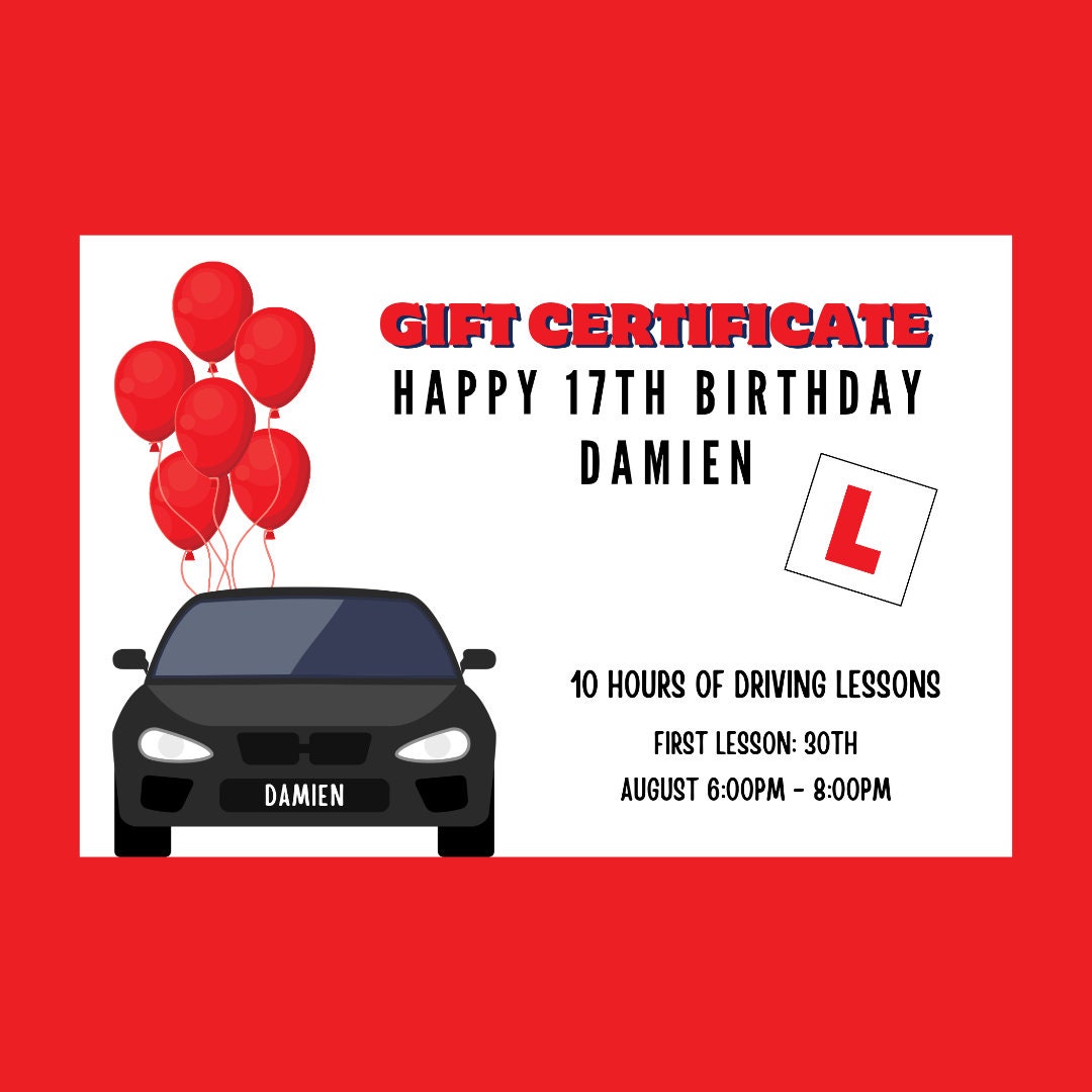 A6 Print | Red Driving Lesson Gift Certificate | Gift Idea Voucher ...