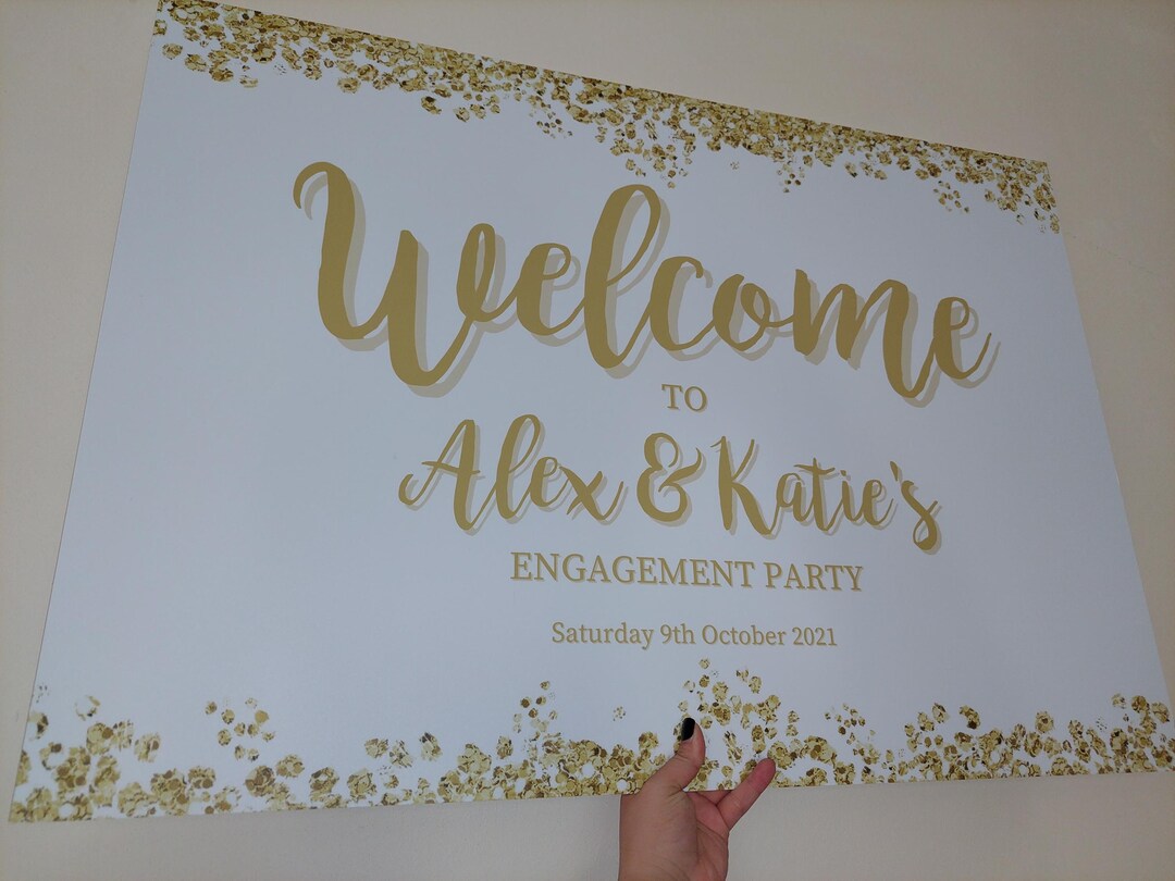 Gold & White Engagement Welcome Board Sign Personalised Engagement ...