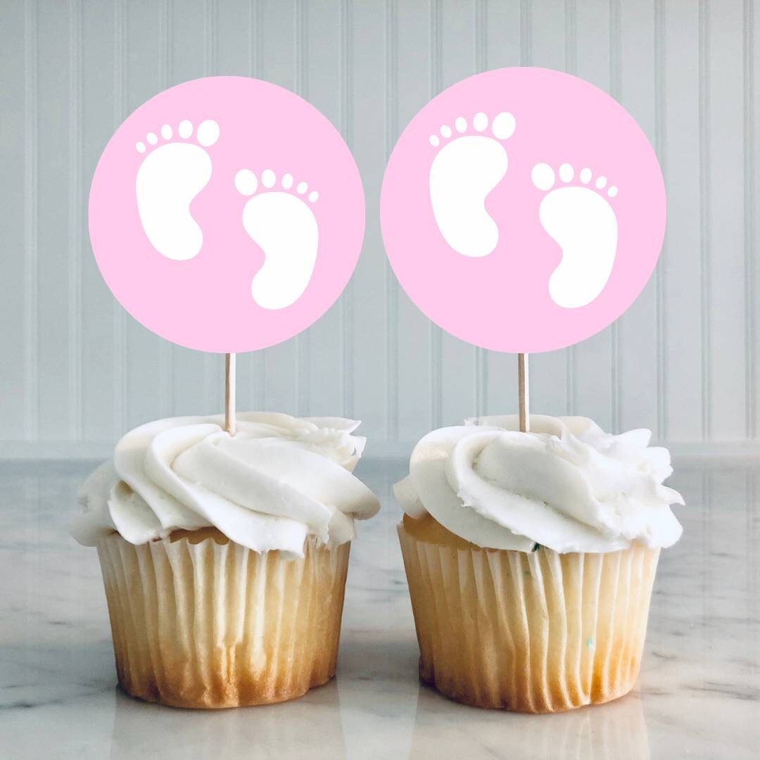 Pink Baby Footprint Cupcake Toppers Baby Shower Cupcake Toppers Baby ...