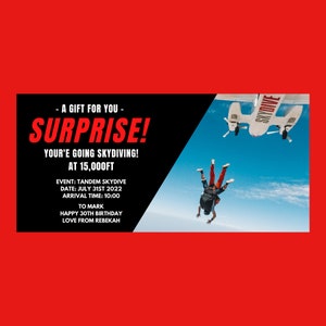 Surprise Ticket Print Personalised Skydiving Ticket Voucher Gift Idea ...