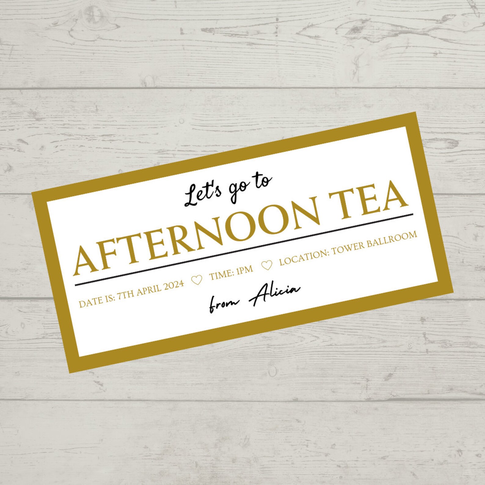 Surprise Ticket Print | Gold Afternoon Tea Ticket Voucher | Gift Idea ...