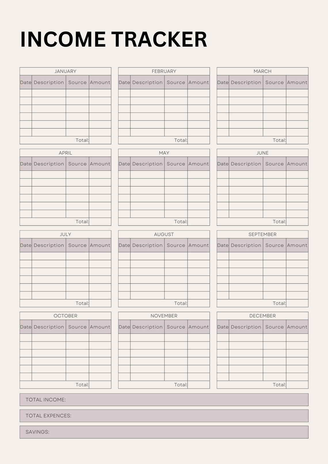 Income Tracker Printable Income Tracking Income Log Monthly - Etsy