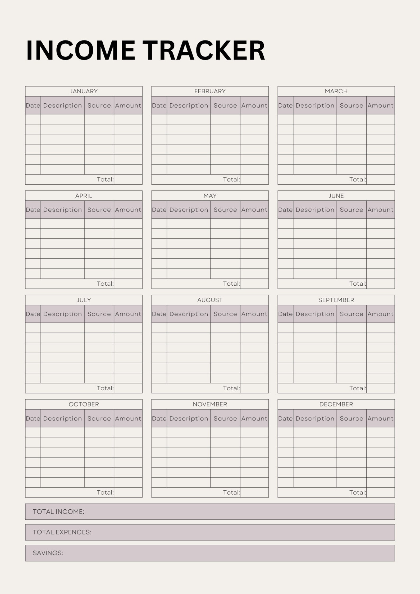 Income Tracker Printable Income Tracking Income Log Monthly - Etsy