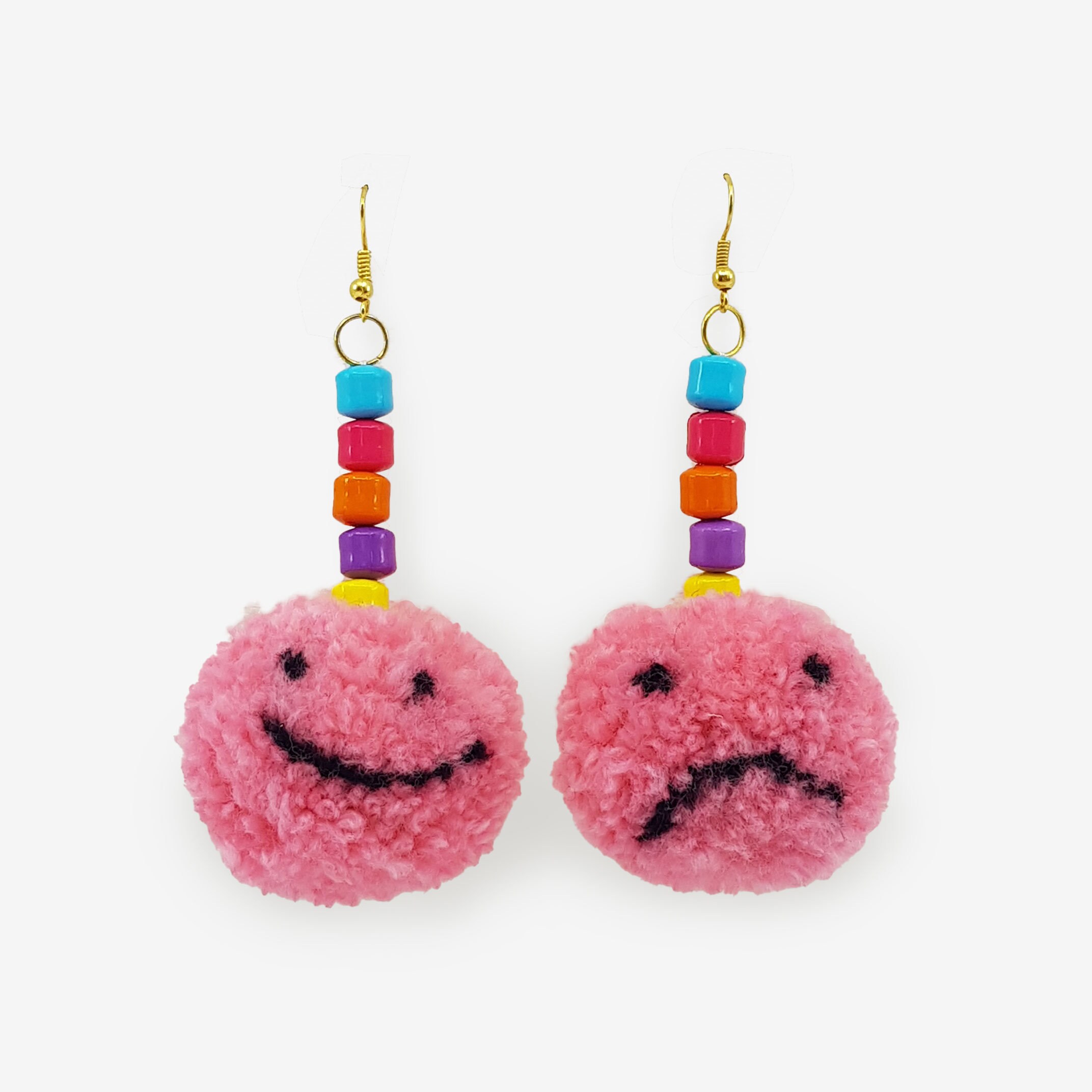Happy Sad Face Earrings, Smiley Face Earrings, Beads Earrings, Pom Pom ...