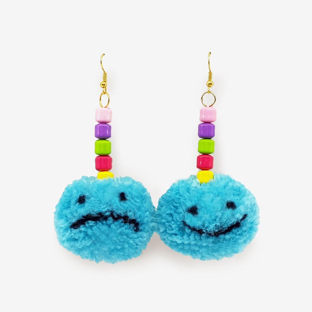 Happy Sad Face Earrings, Smiley Face Earrings, Beads Earrings, Pom Pom ...