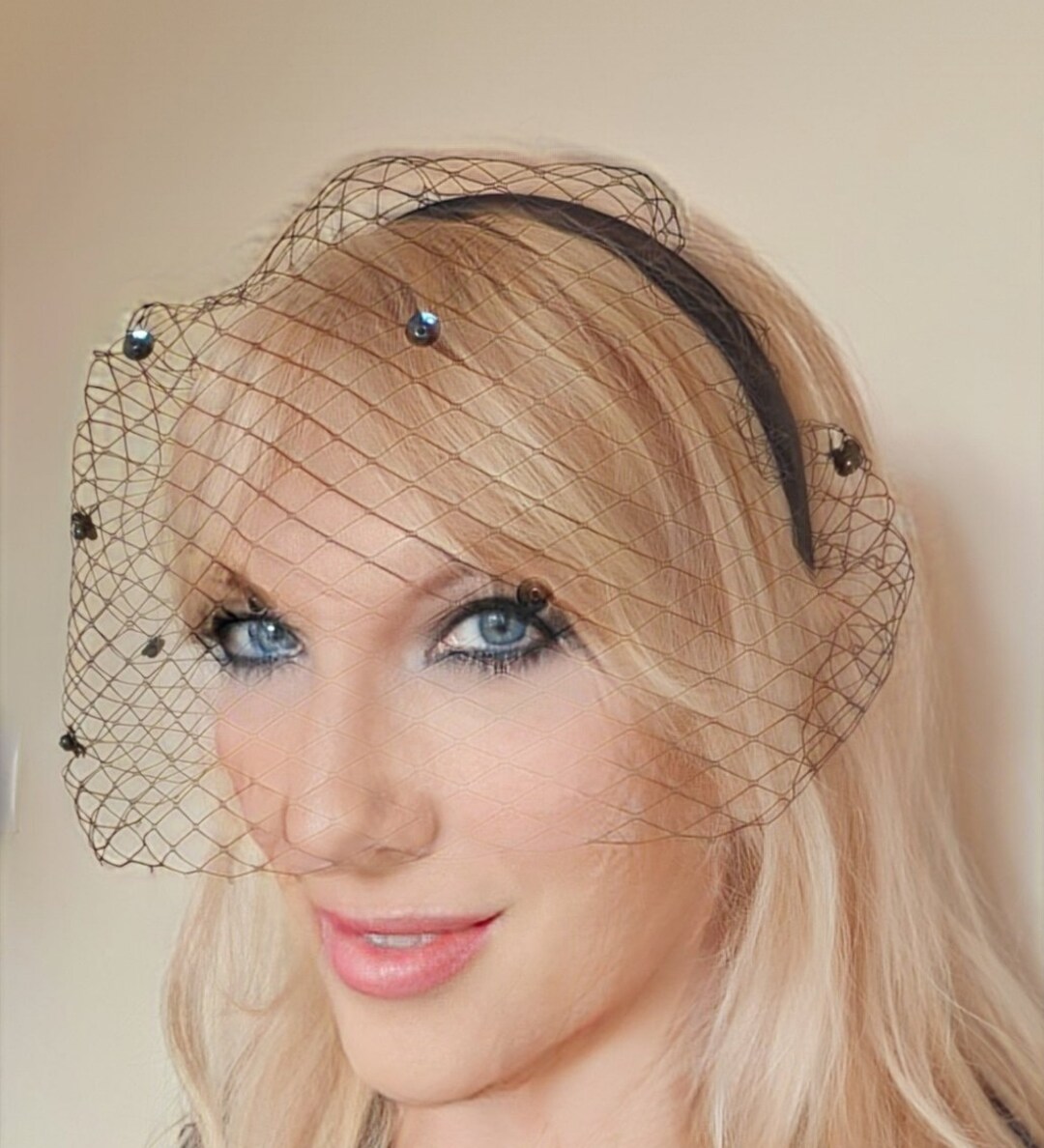 Face Veil on a Band, Open Mesh 'birdcage' Veiling Sequin Dotted for ...