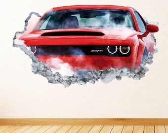 Challenger Car Wall Decal 3D Smashed Racing Muscle Car Vinyl Wall Art ...