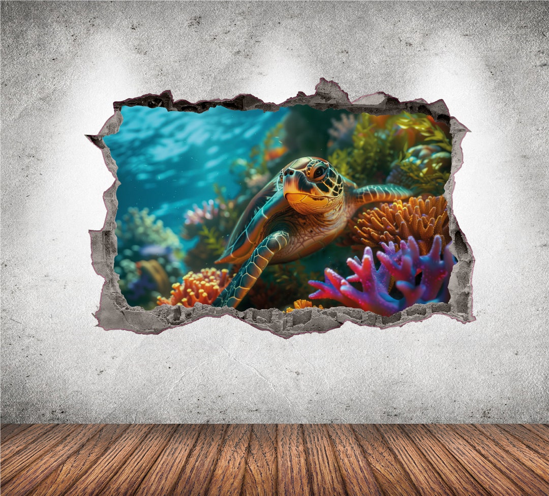 Ocean Turtle Wall Decal Smashed 3D Graphic Ocean Animal Wall Art ...