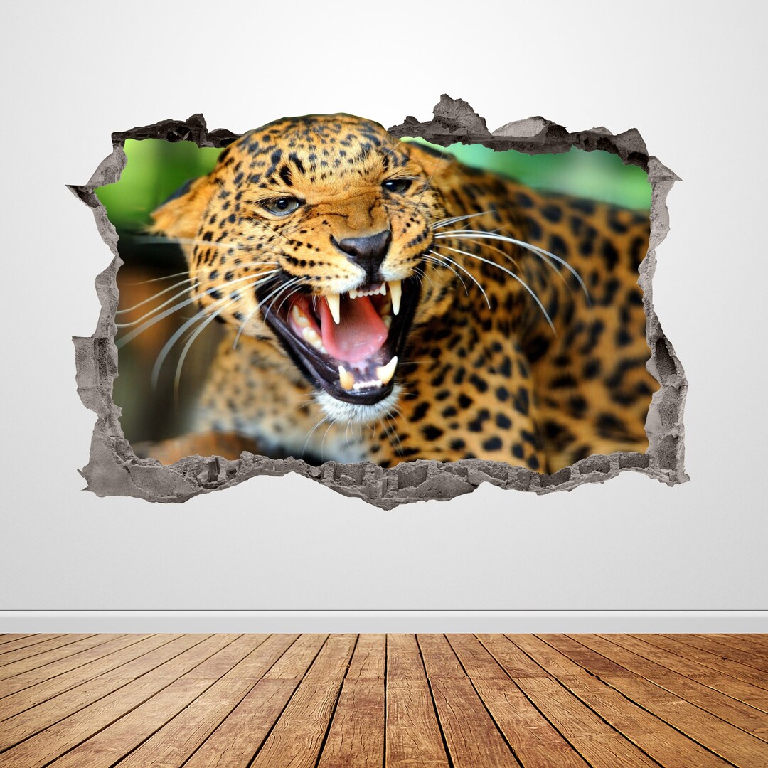 Wild Leopard Wall Decal Smashed 3D Graphic Animal Wall Sticker Art ...