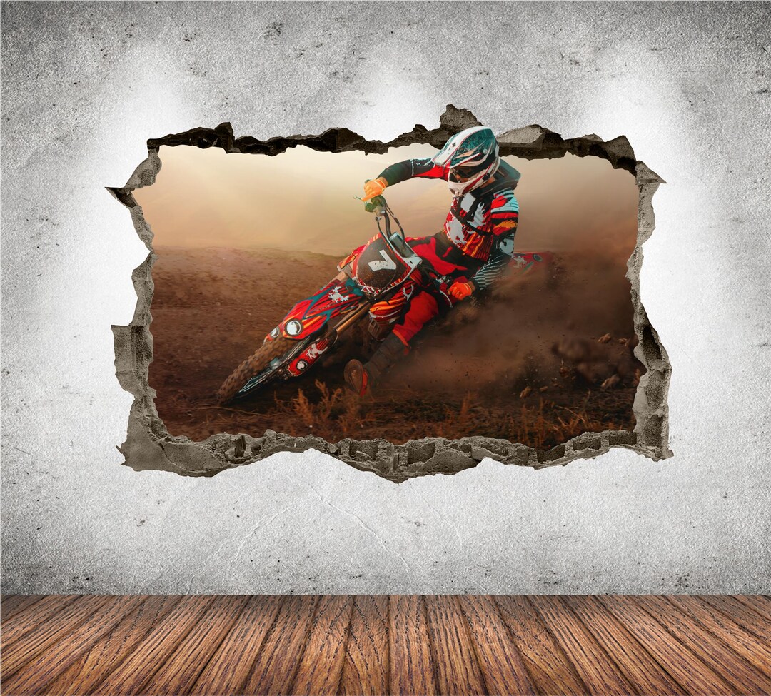Motocross Wall Decal Smashed 3D Graphic Dirt Bike Wall Art Sticker Moto ...