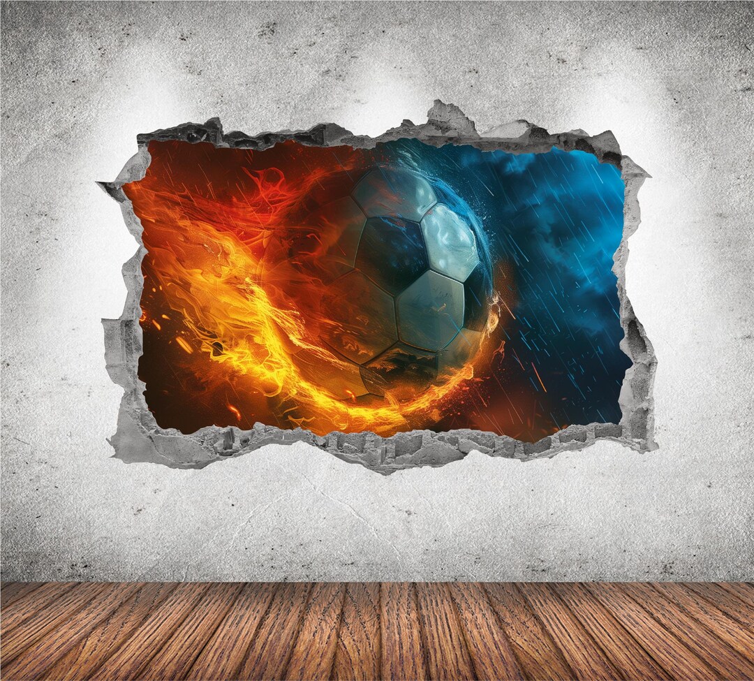 Soccer Wall Decal Smashed 3D Graphic Sports Fire Soccer Ball Wall Art ...