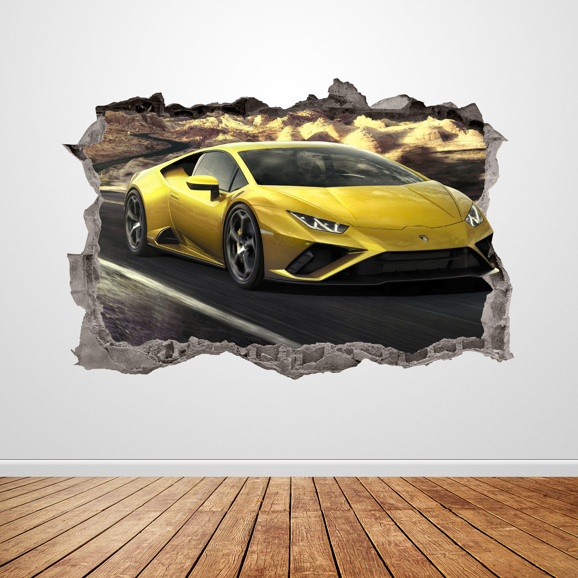 Racing Car Wall Decal Smashed 3D Graphic Yellow Lamborghini | Etsy