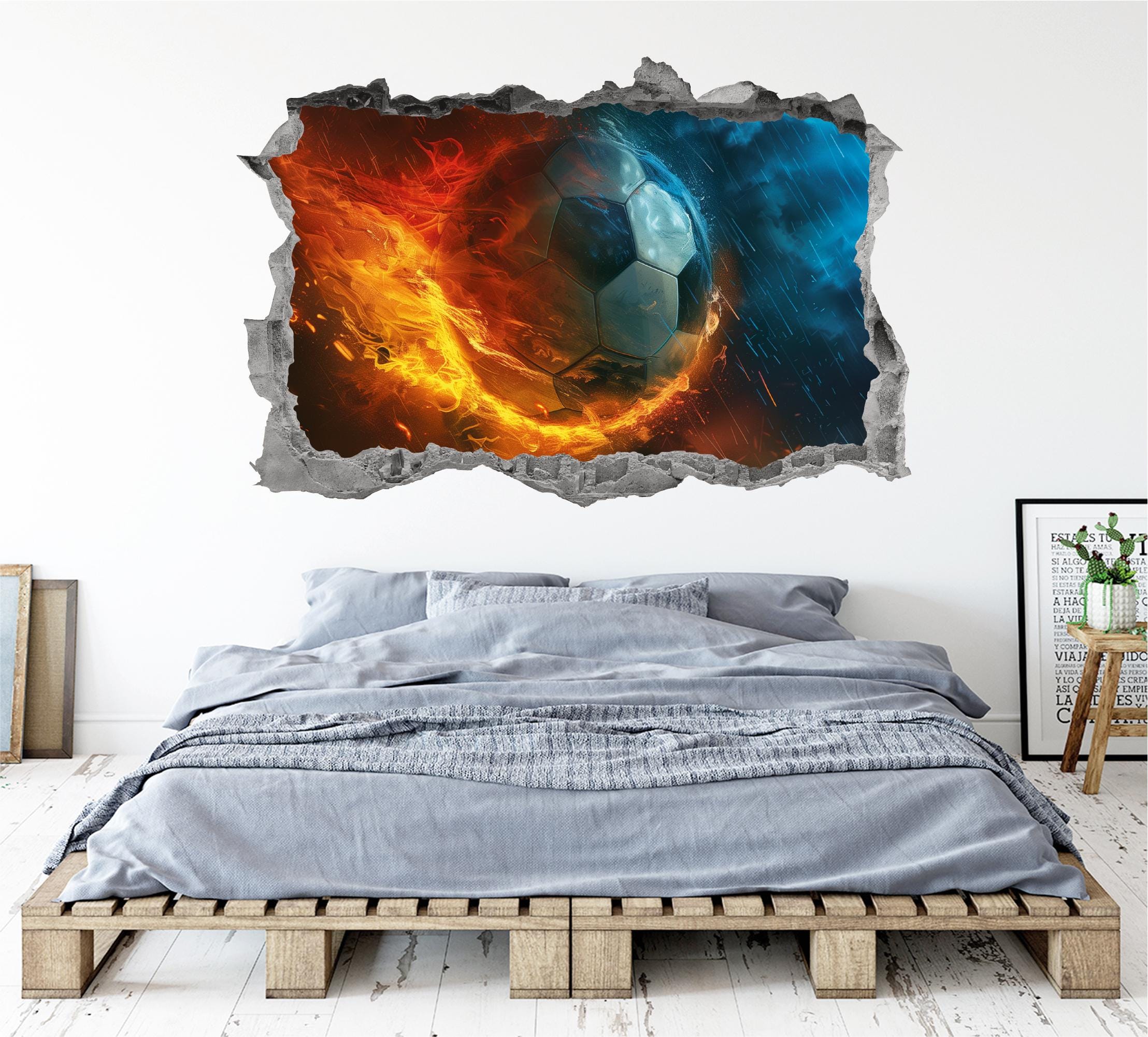 Soccer Wall Decal Smashed 3D Graphic Sports Fire Soccer Ball Wall Art ...