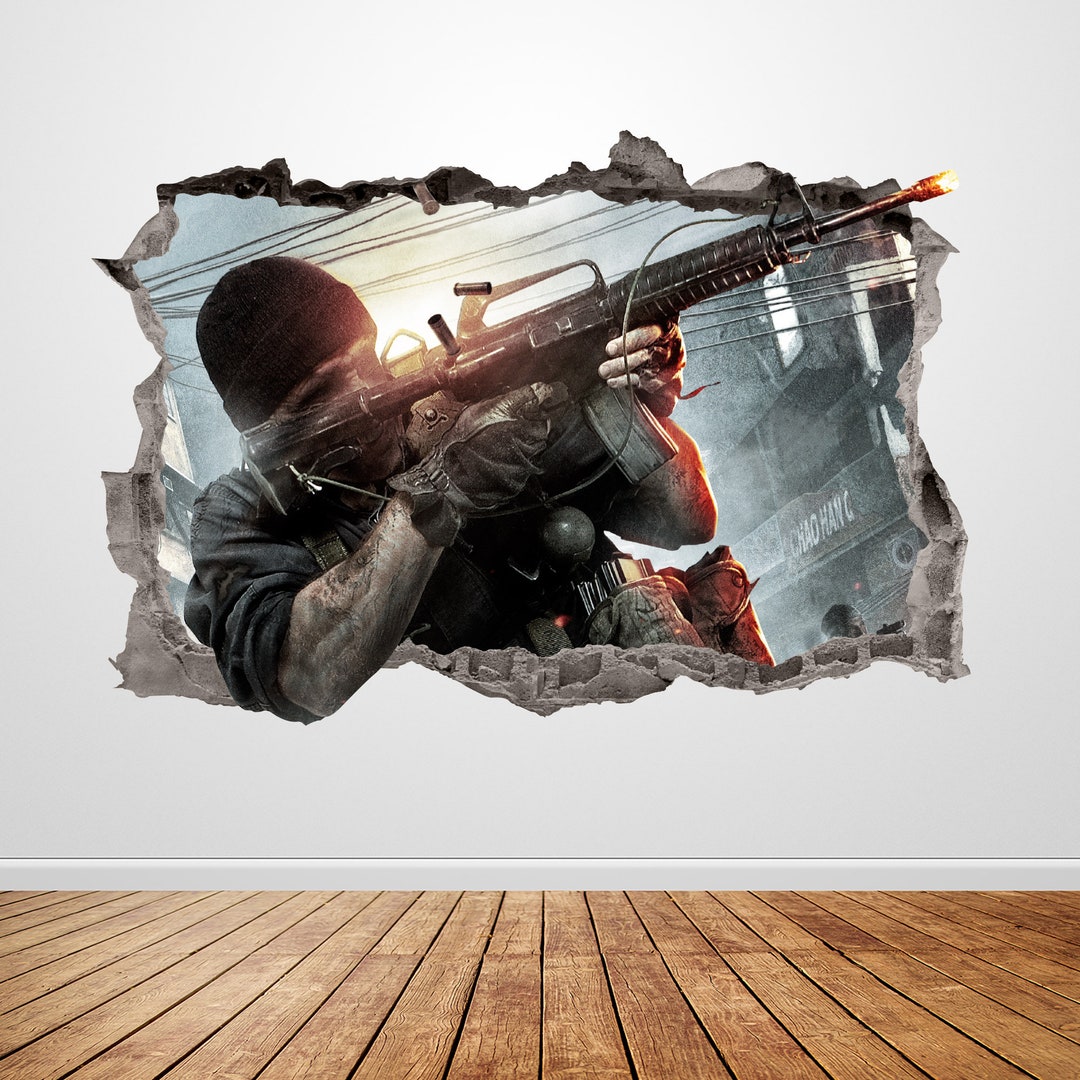 War Game Wall Decal Smashed 3D Graphic Warzone Shooting Rifle Wall ...
