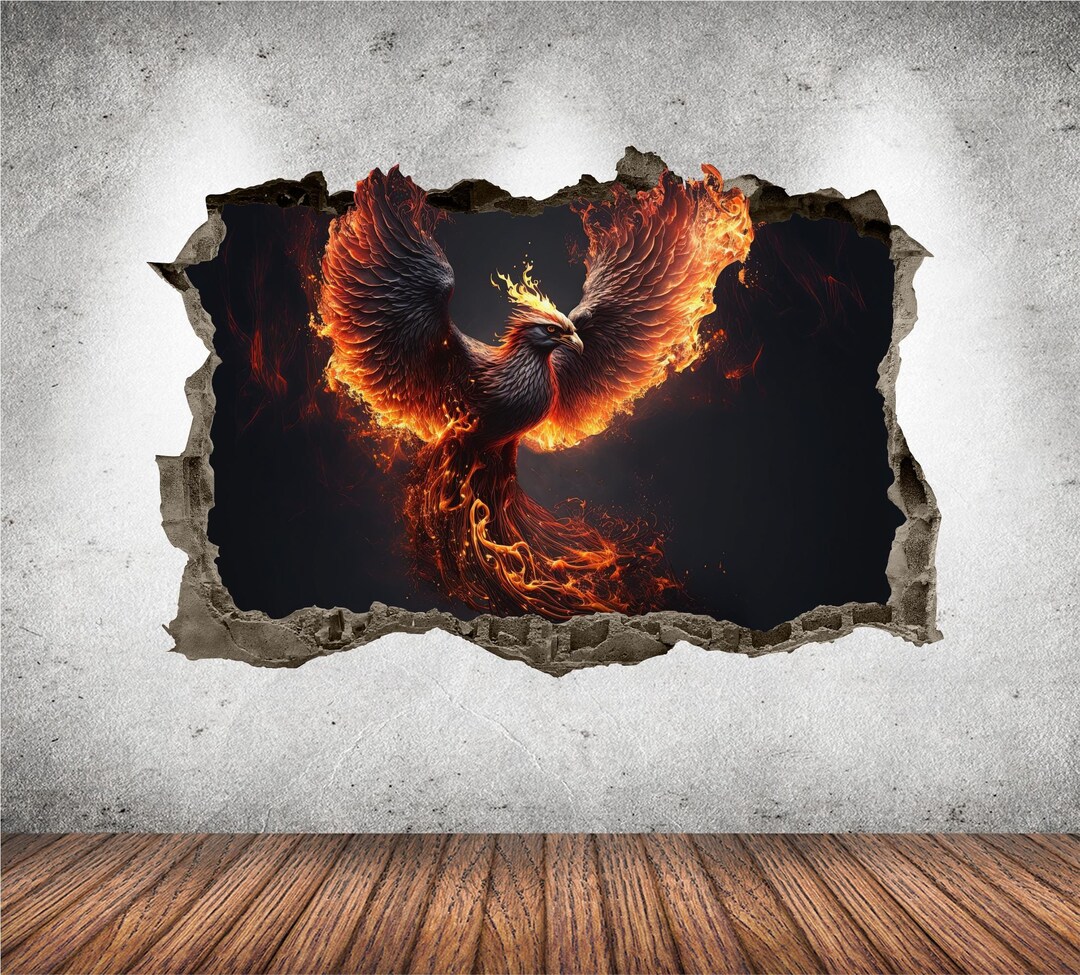 Phoenix Wall Decal Smashed 3D Graphic Fire Bird Wall Art Sticker Animal ...
