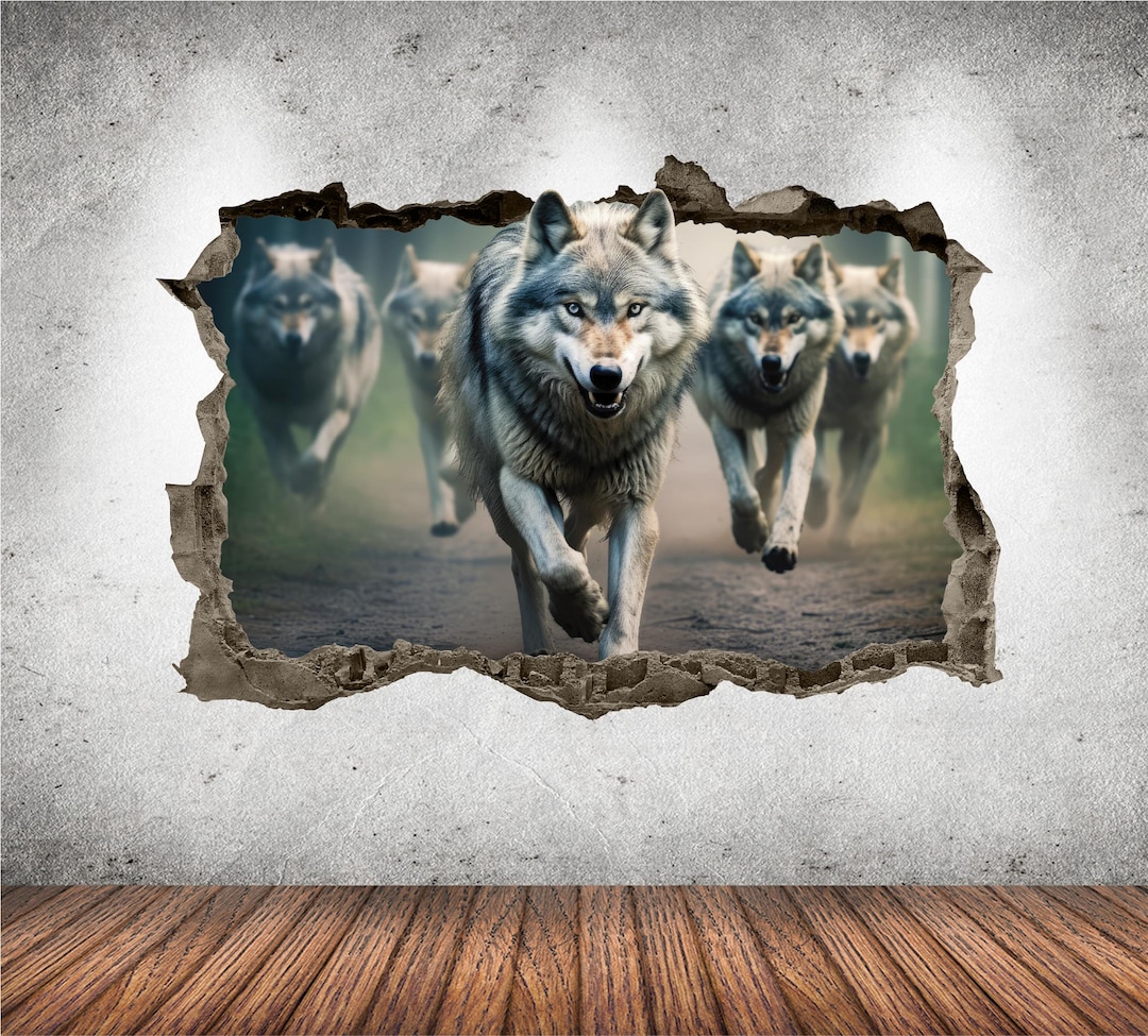 Wolf Wall Decal Smashed 3D Graphic Wolves Pack Animal Wall Decor Art ...