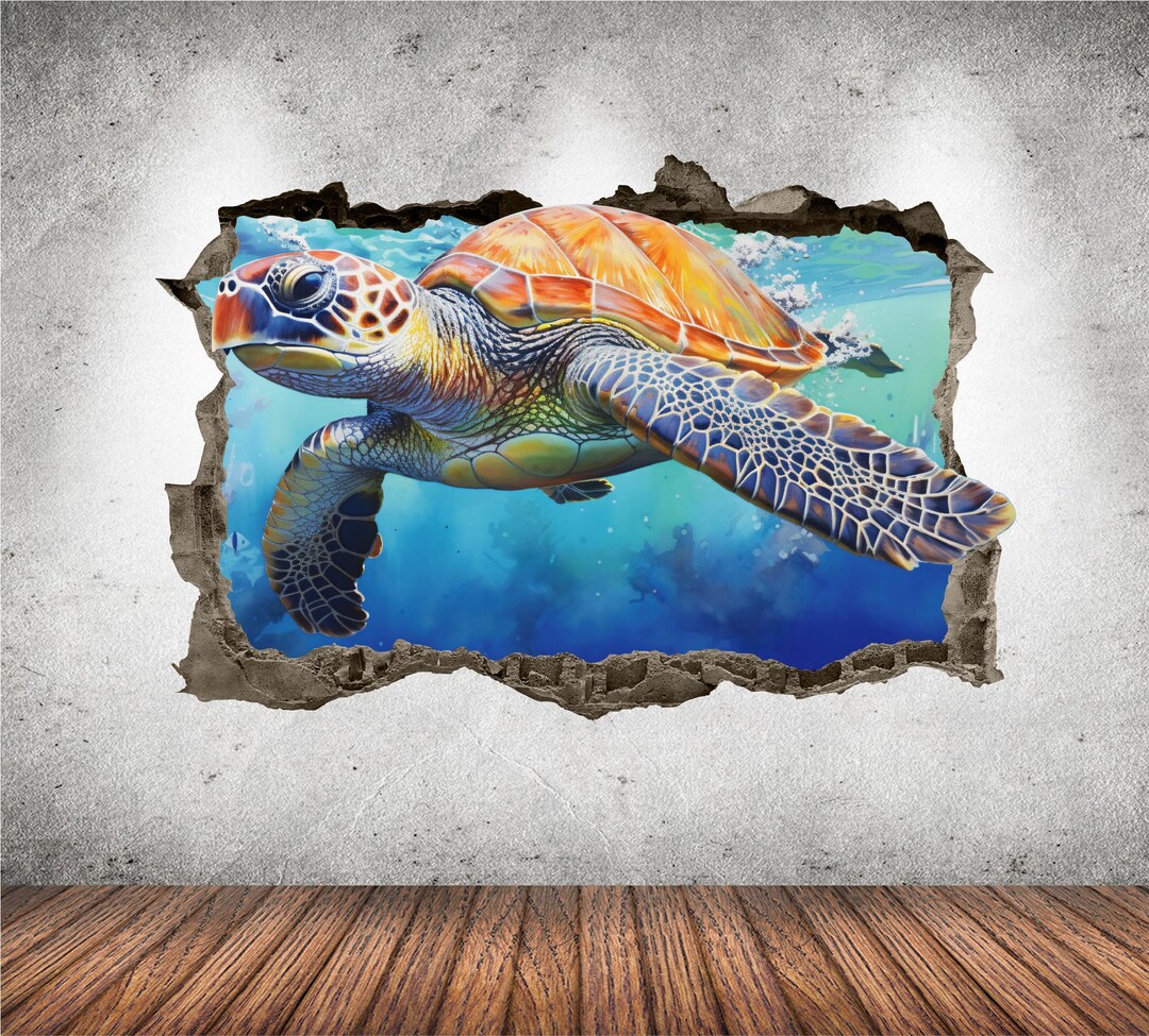 Sea Turtle Wall Decal Smashed 3D Graphic Aquarium Ocean Turtle Wall ...