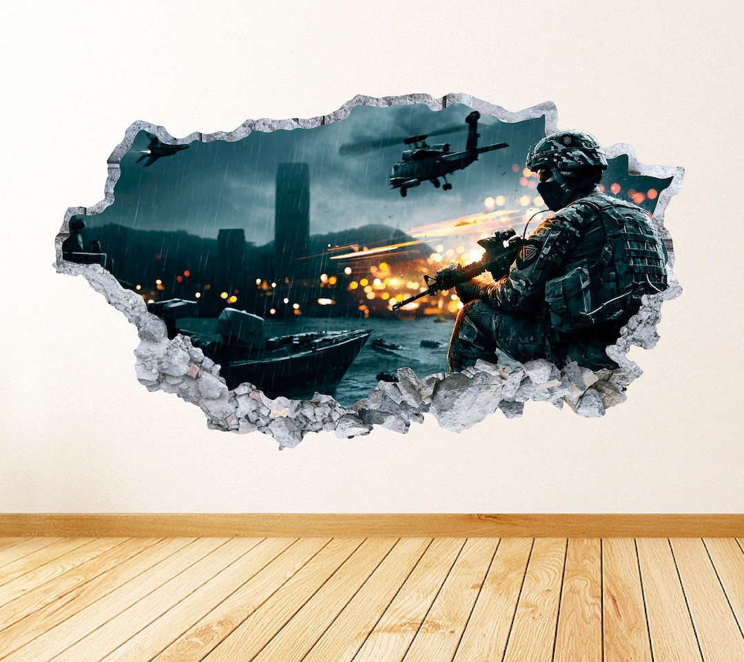War Zone Wall Decal Smashed Concrete Wall Art Decal War Field Soldier ...