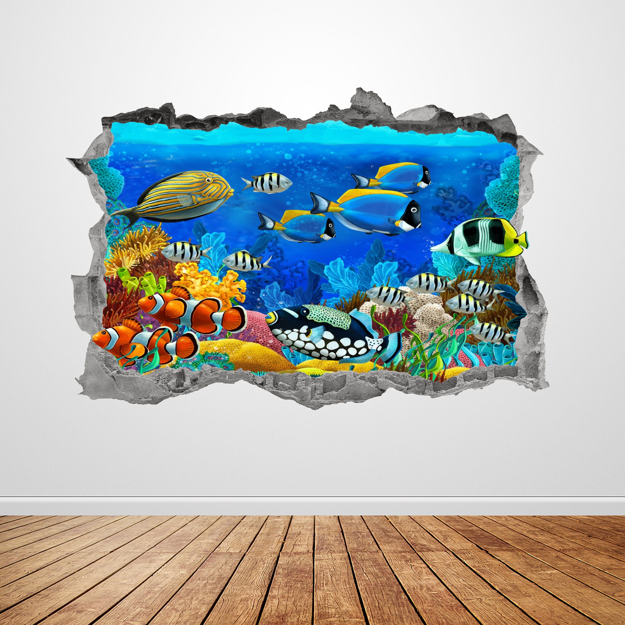 Aquarium Wall Decal Smashed 3D Graphic Fishes Under the Ocean Wall Art ...