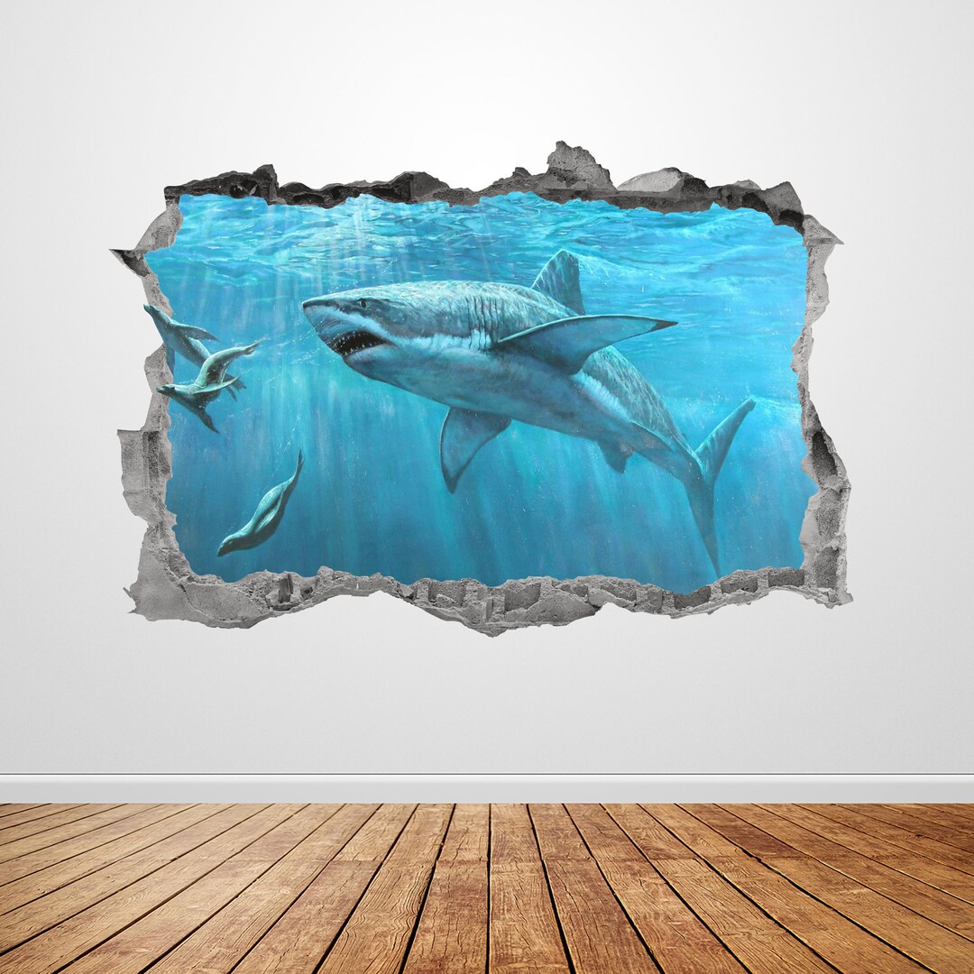 Great White Shark Wall Decal Smashed 3D Graphic Ocean Animal Shark Wall ...