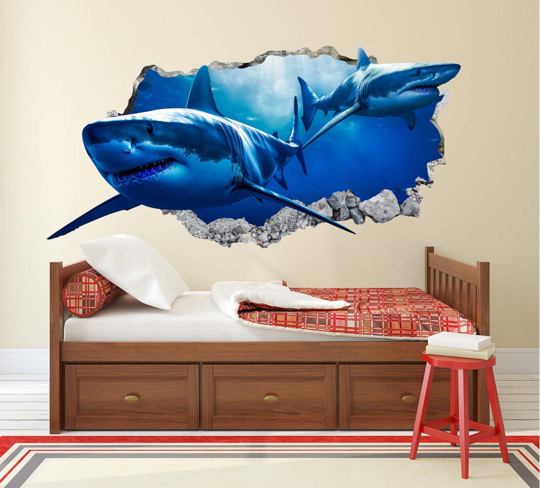 Sharks Smashed 3D Wall Decal Art Decor Sticker Great White Shark Wall ...
