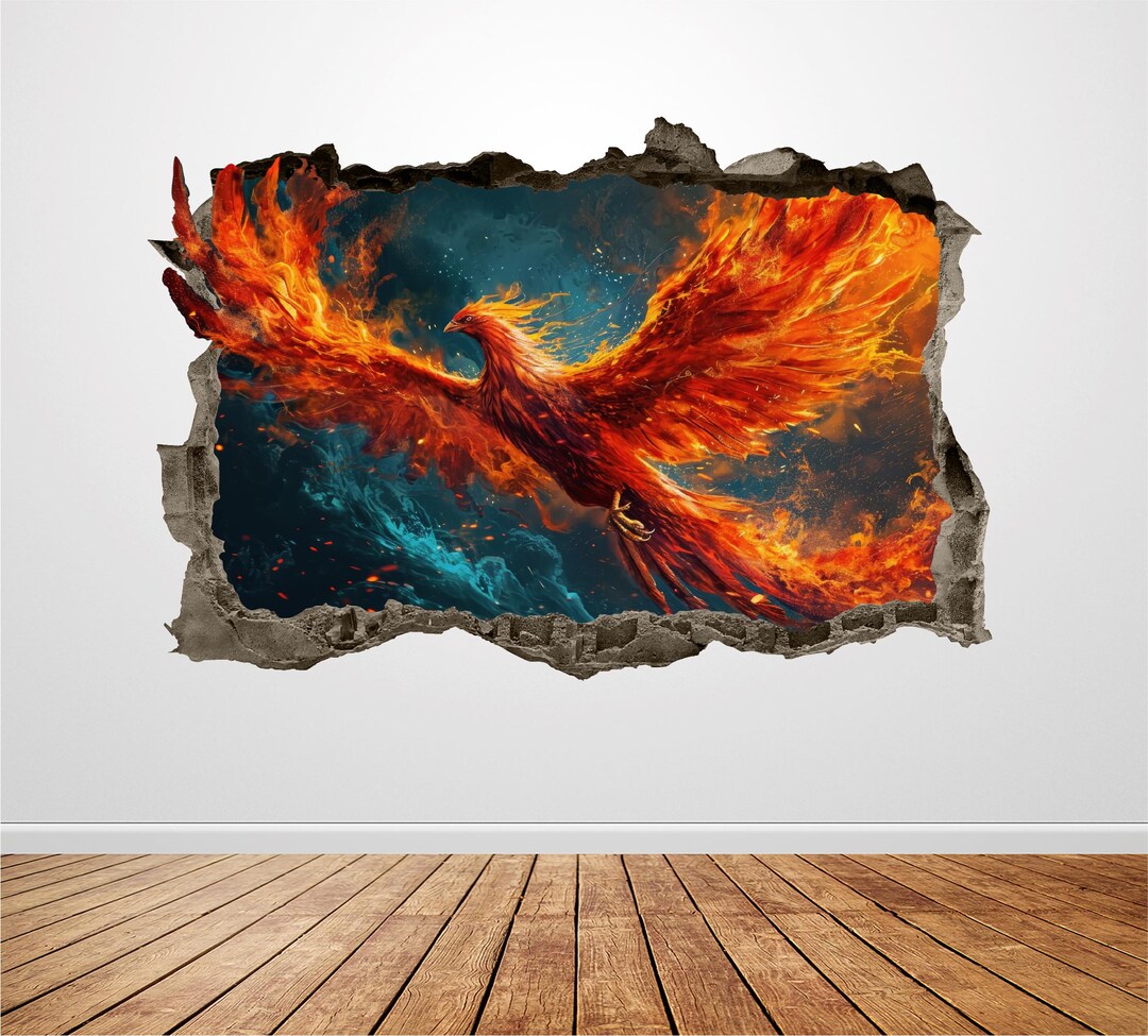 Fire Phoenix Wall Decal Smashed 3D Graphic Fire Bird Wall Art Sticker ...