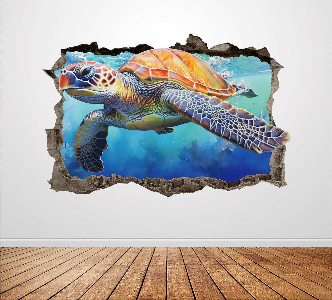 Sea Turtle Wall Decal Smashed 3D Graphic Ocean Animal Wall Art Stickers ...