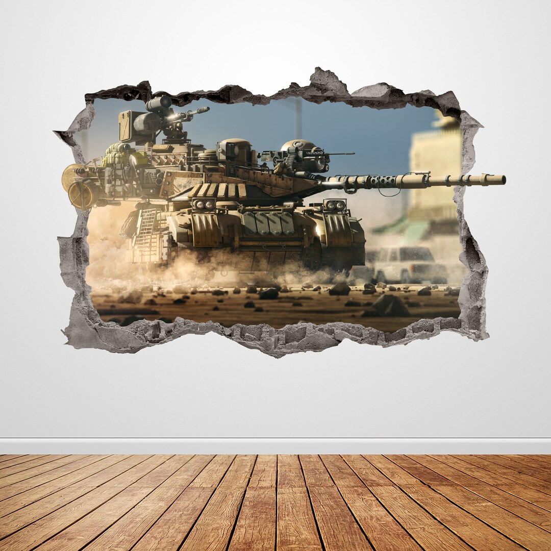 War Tank Wall Decal Smashed 3D Graphic War Zone Wall Sticker Art Mural ...