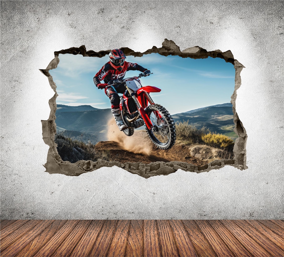 Motocross Wall Decal Smashed 3D Graphic Dirt Bike Motorcycle Wall Decor ...