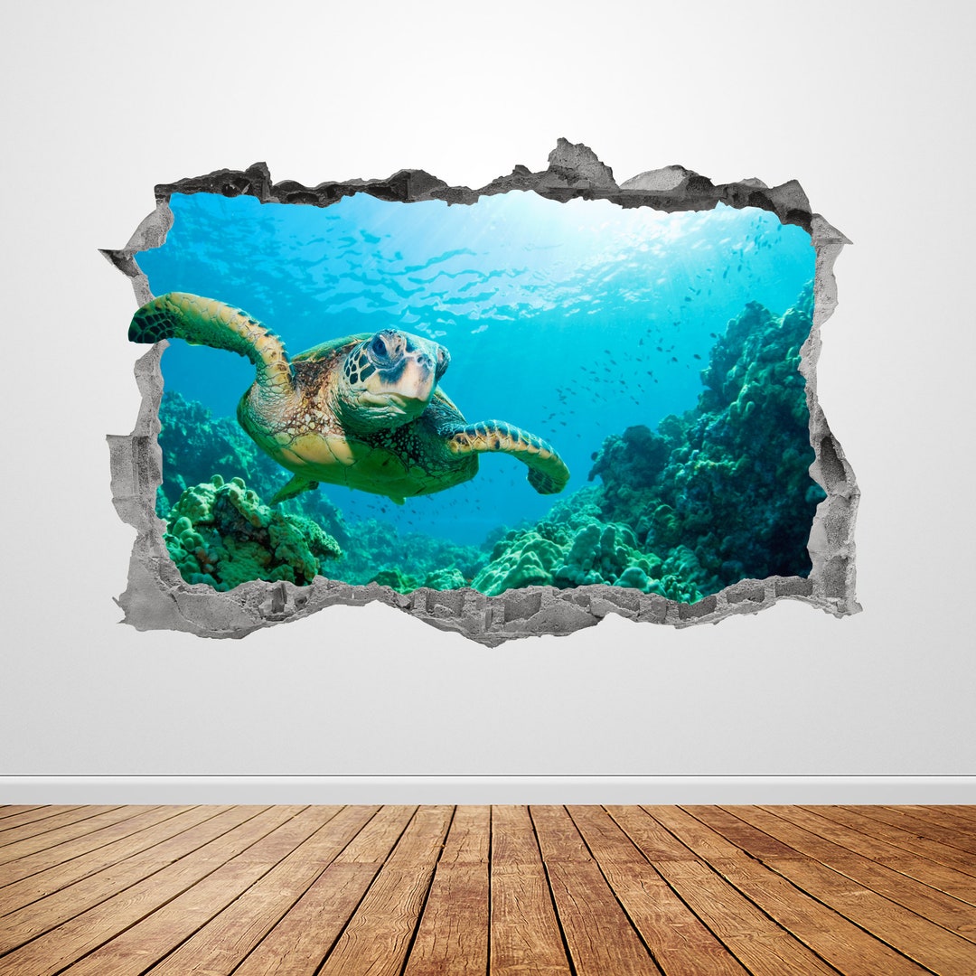 Sea Turtle Wall Decal Smashed 3D Graphic Ocean Animal Wall Art Stickers ...
