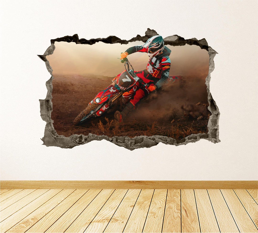 Motocross Wall Decal Smashed 3D Graphic Sport Motorcycle Wall Decor Art ...
